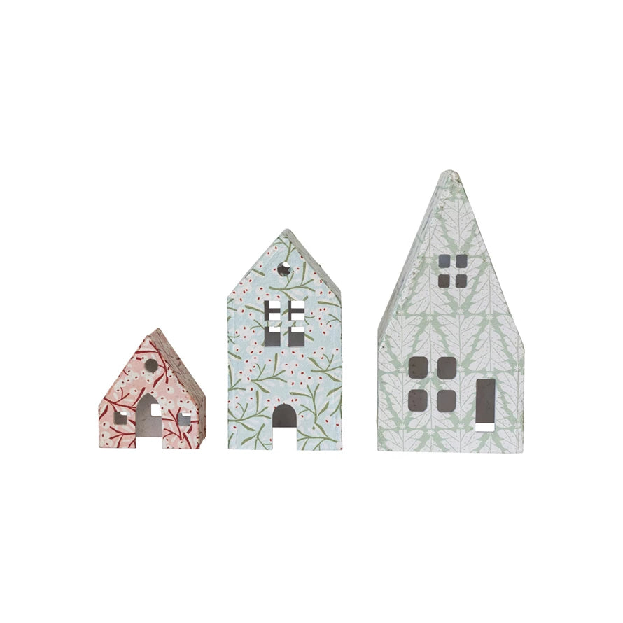 Set of 3, Printed Paper Mache Houses with Berry & Tree Patterns ...